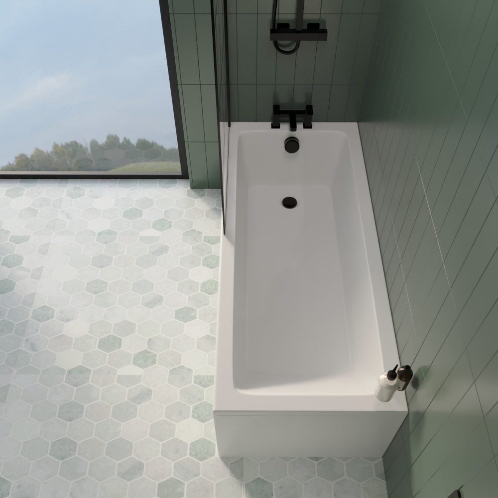 Solarna 1700 x 700 Shower Bath & 6mm Easy Clean Black Grid Shower ...
